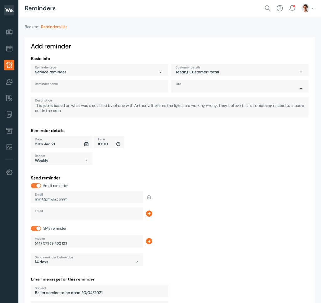 Service Reminders | Workever