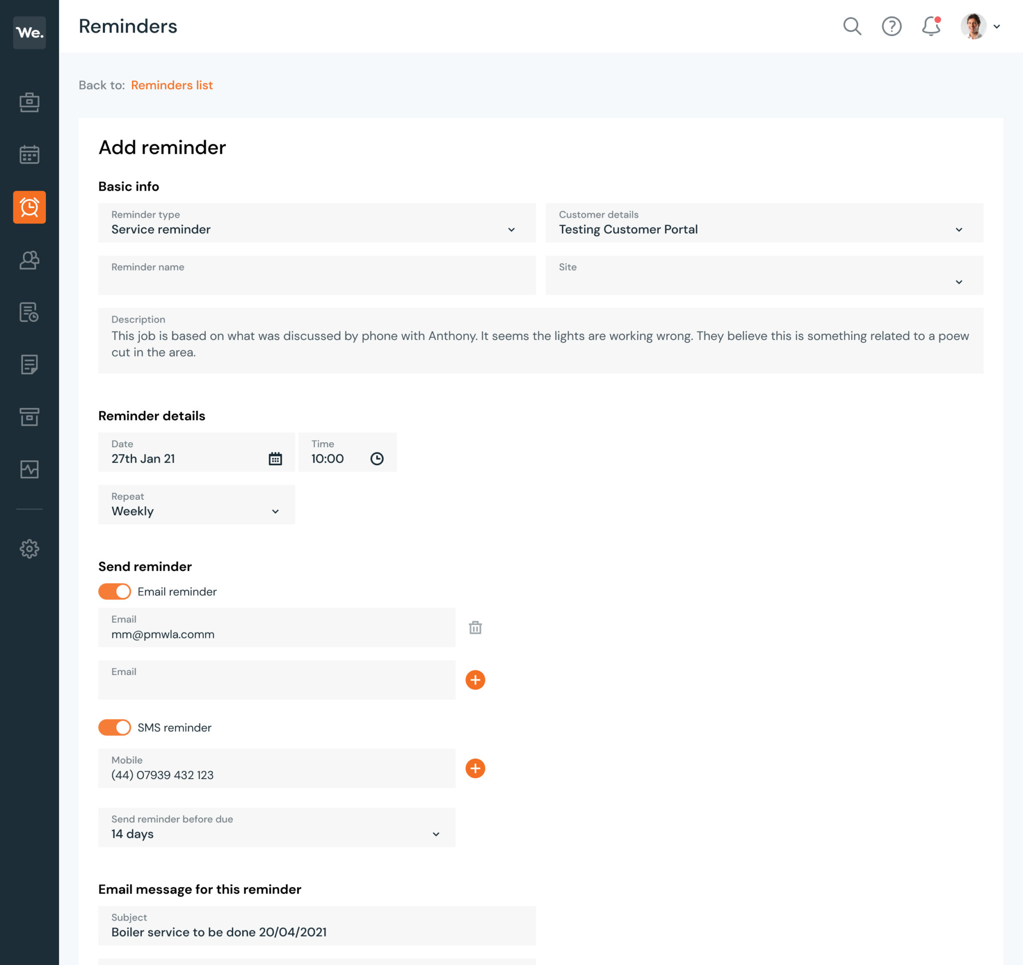 Service Reminders | Workever
